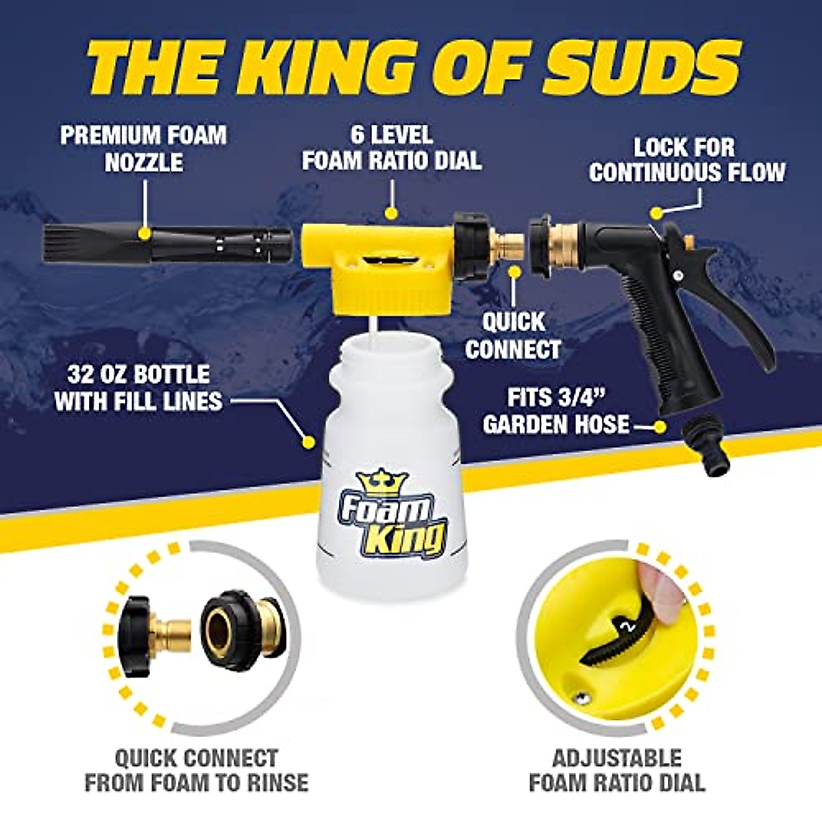 Foam King™ Foam Gun Car Wash + Microfiber Wash Mitt + Detailing Towel - Connects to Garden Hose - Ultimate Scratch Free Cleaning - Snow Foam Blaster Foam Cannon Car Washing Kit