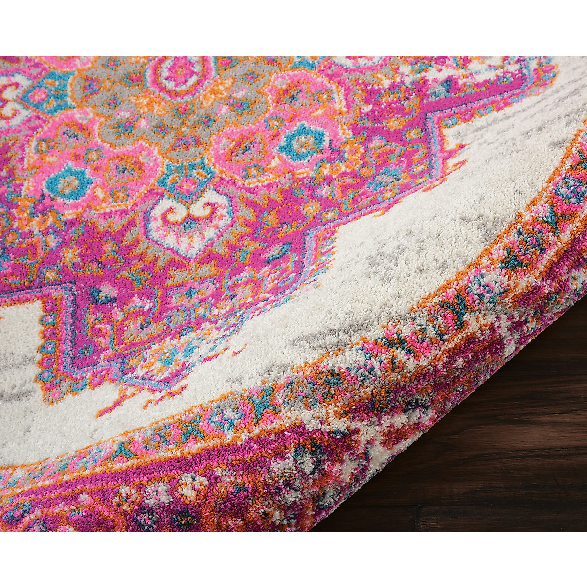 Nourison Passion Ivory/Fuchsia 8' x Round Area-Rug, Boho, Traditional, Easy-Cleaning, Non Shedding, Bed Room, Living Room, Hallway, (8' Round)