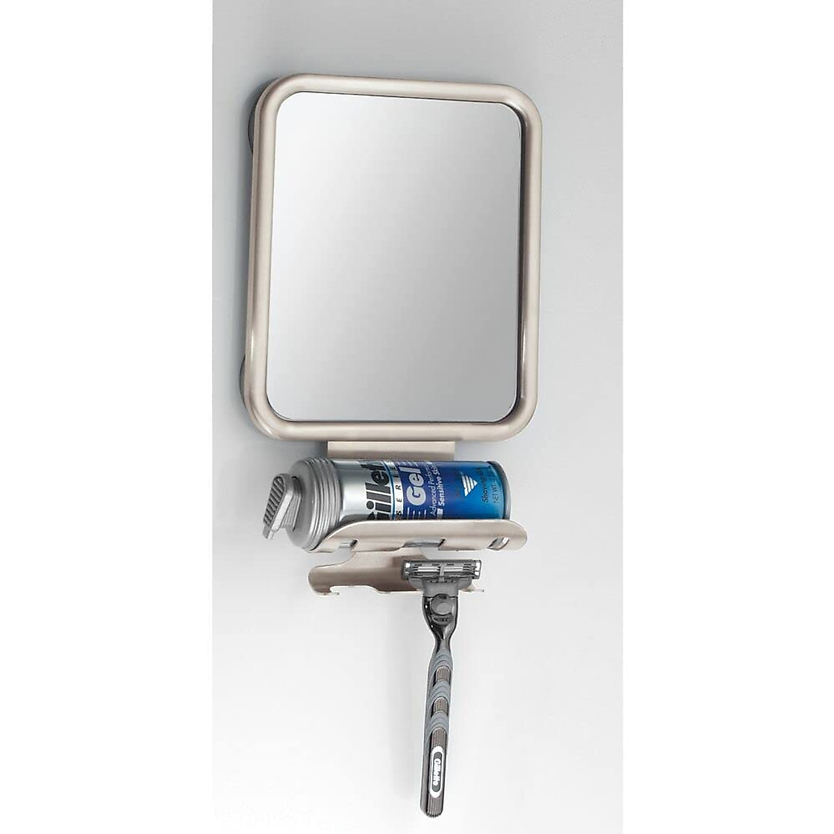 mDesign Large Modern Metal Suction Shaving Mirror Center for Bathroom Showers and Tubs - Holders for Shaving Cream and Razors - Satin