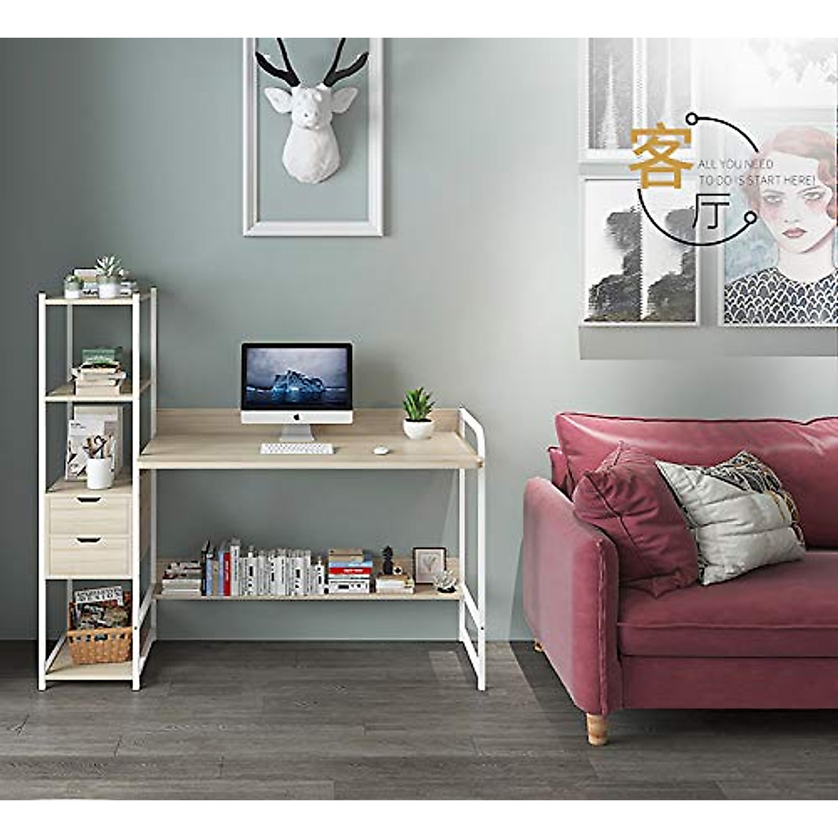 Computer Desk with 2 Drawers,Modern Writing Desk with Bookshelf,L Shaped Pc Laptop Table Sturdy Office Desk Workstation for Home