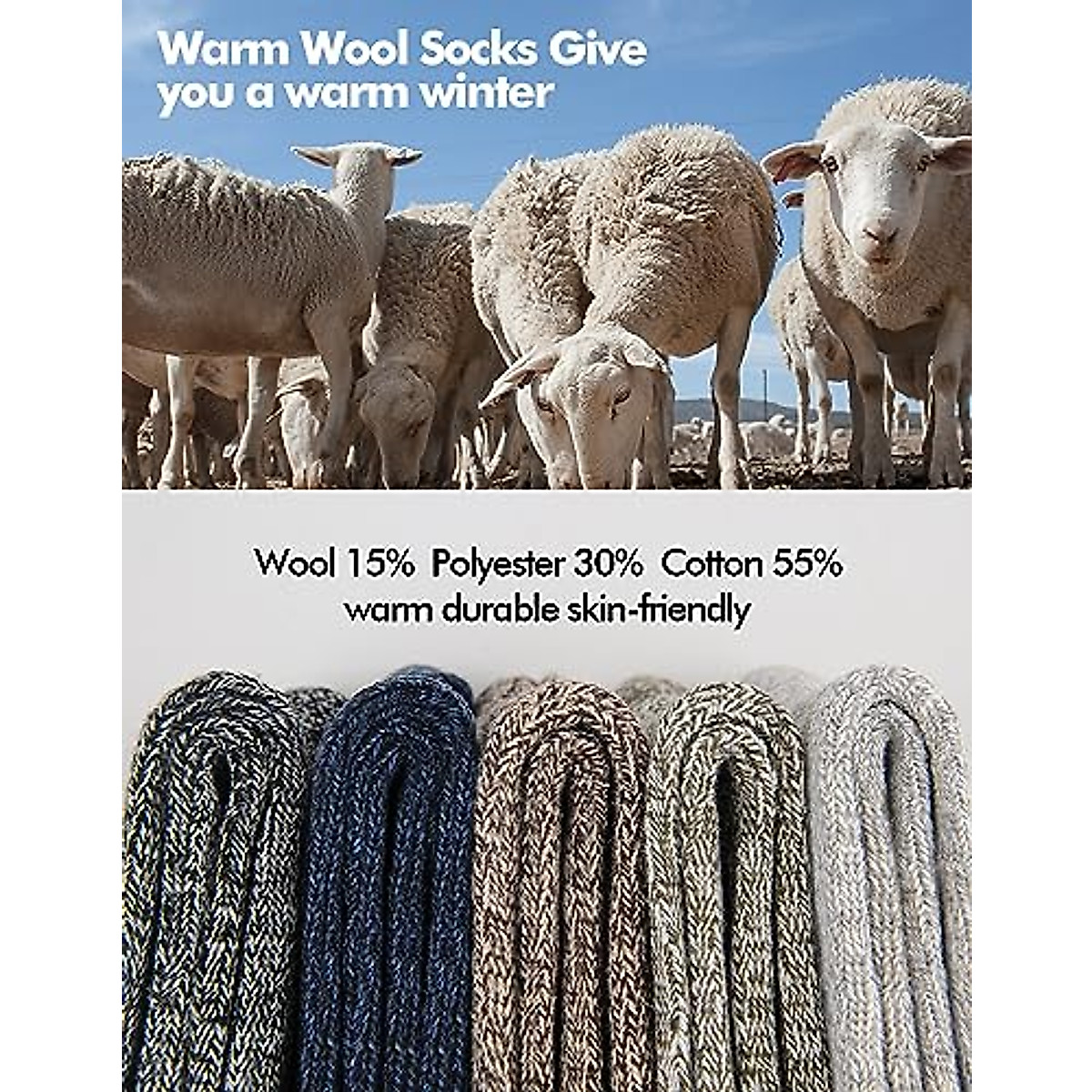 UUMIAER 5 Pairs Wool Socks Mens, Thermal Hiking Socks Thick Warm Winter Socks Soft Crew Socks (US Size 7-13)