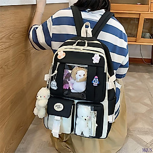 MQUN Kawaii Backpack 5 Pcs School Backpack Cute Aesthetic BackpackSet Aesthetic School Bags Cute Bookbag with Badge& Plush Pendan,Shoulder Bag,Pencil Box,Tote Bag,Small Bag