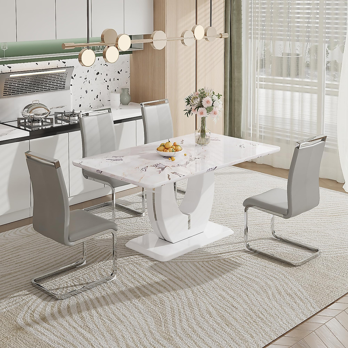 Pvillez White Dining Table Set for 6,Faux Marble Kitchen Table Set,63" Dining Room Table Set with Chairs,Modern Dinner Table Set with Marble Grain Top,7 Piece Dining Table Set