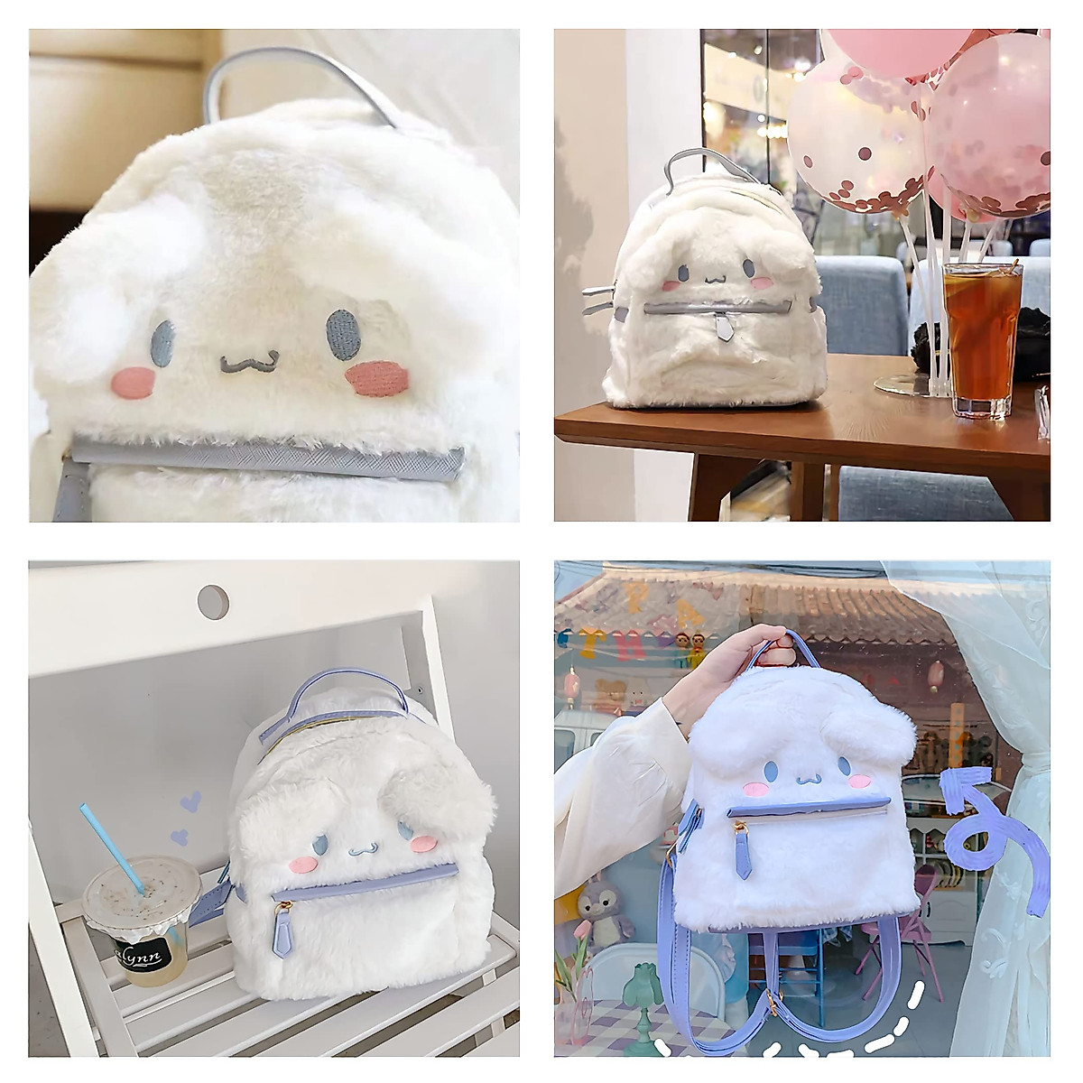 Kowckxi Cute Mini Plush Backpacks, Cat Face Soft Fuzzy Purse Handbags, 2Pcs Set White