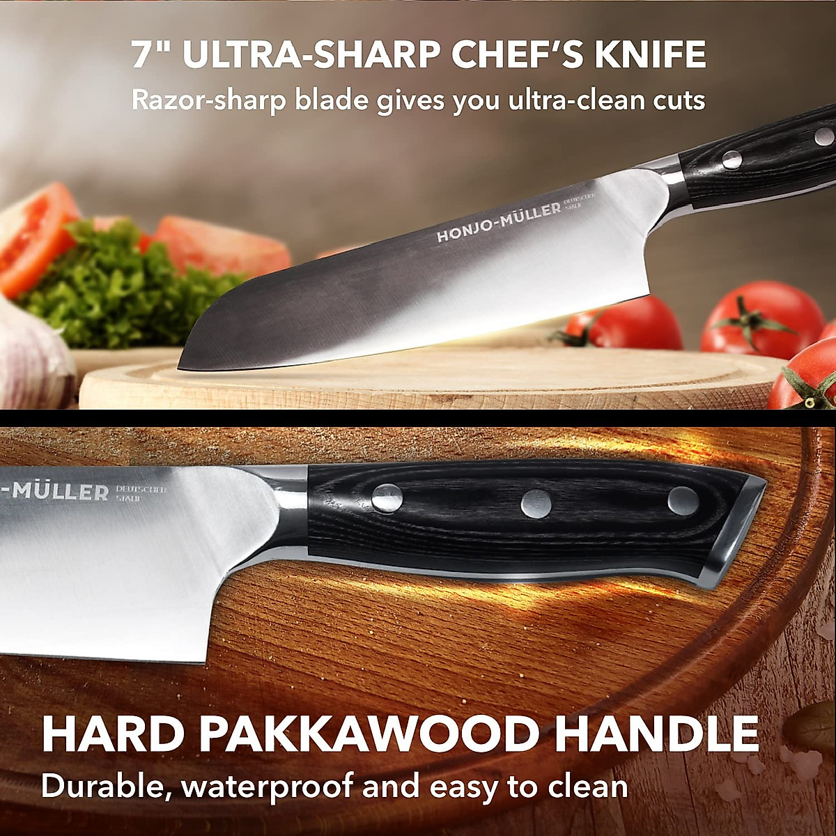 Honjo Muller Santoku Knife 7 Inch - Sharp Japanese-Style Kitchen Chef Knife | Full Tang Stainless Steel Cooking Knives | Cutting, Chopping, Slicing