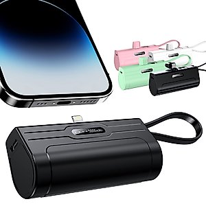 RAVIAD Mini Power Bank, 5,000mAh Portable Charger with Type-C/Phone Dual Charging Port, Ultra-Compact External Battery Mini Power Bank Compatible for All Phone, iPad, and More-Black