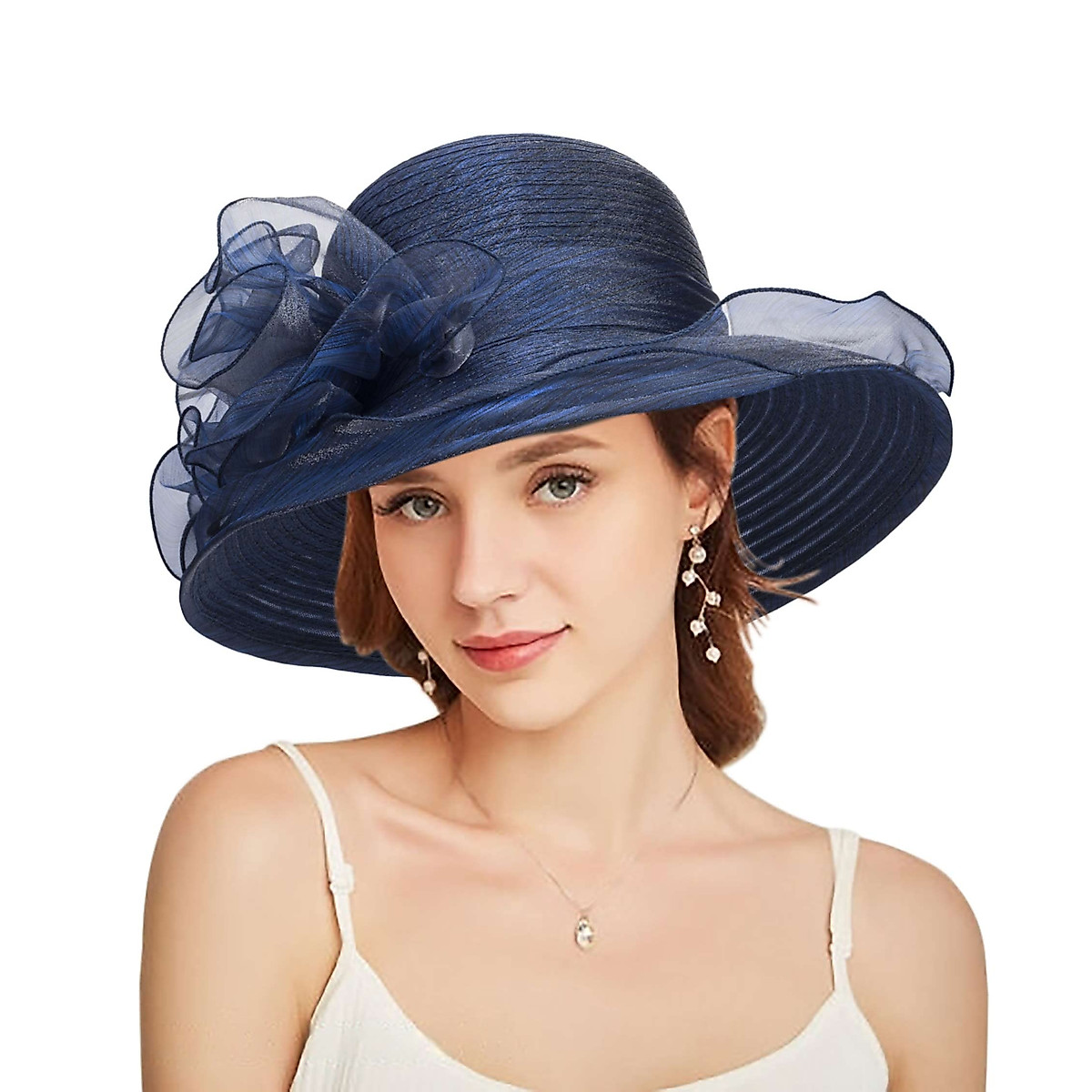 Women Organza Sun-Hats Wide-Brim Church-Hats for Tea Party Bridal Wedding Dress Hat Navy
