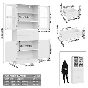 HOSTACK 71" Tall Kitchen Pantry Storage Cabinet, Freestanding Bar Cabinet with Glass Doors and Shelves, Hutch Cabinet with 2 Drawers, Cupboard for Living Room, Dining Room, White