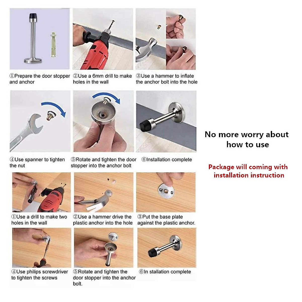 Door Stopper (2 Pack), No Drilling Door Stop 4 Inch with 3M Double Sided Adhesive Tape, Solid Rigid, Heavy Duty Rubber Brushed Satin Nickel Door Stop Doorstop for Wall and Door Protection