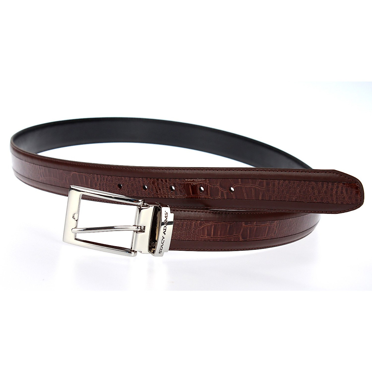Stacy Adams 6-203 Smooth Grain Leather with Croco Embossed Center Detail Mens Adjustable Belt, Polished Nickel Buckle (Cognac)