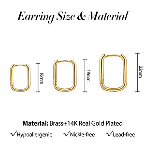 Sloong 3pairs Hoop Earrings Set 14K Gold Plated Lightweight Hypoallergenic Chunky Square Hoop Earrings Gold Rectangle Earring for Women Gift