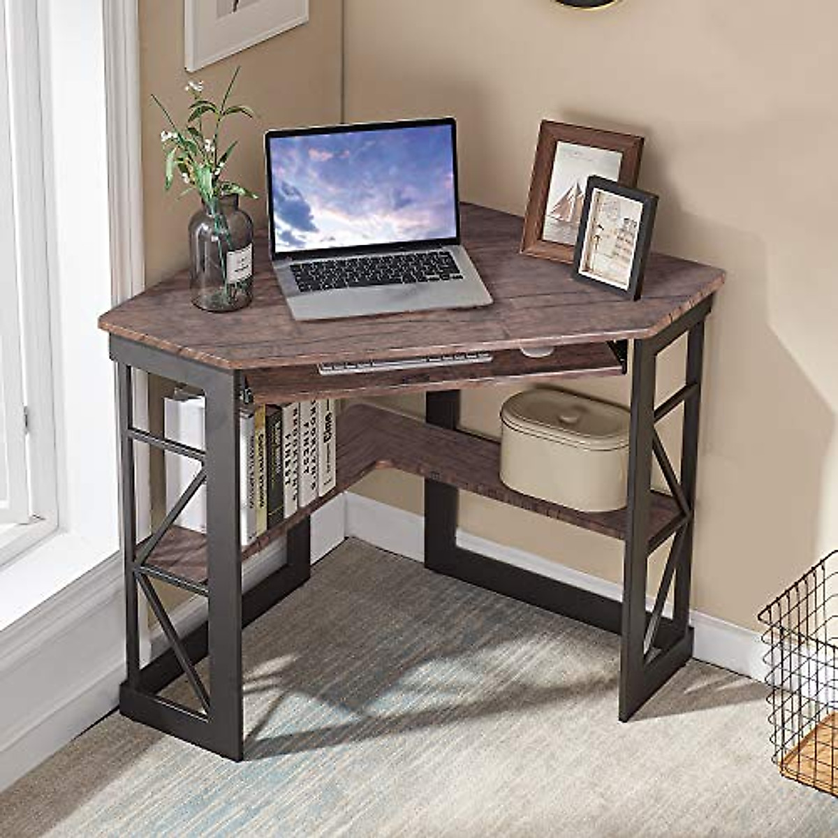 VECELO Corner Computer Desk Writing Smooth Keyboard Tray & Storage Shelves,Compact Home Office Triangle Table, Rustic Natural Brown