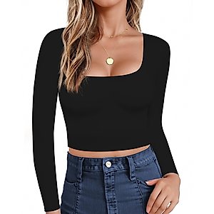 Ekouaer Womens Long Sleeve Tops Thermal Square Neck Shirt Basic Cotton Base Layer Stretchy T Shirt (Black, L)