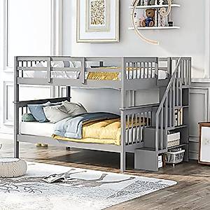 Merax Full-Over-Full Soild Wood Stairway Bunk Bed with Storage and Guard Rail for Bedroom, Dorm, Bunk Bed for Kids, Adults, Gray