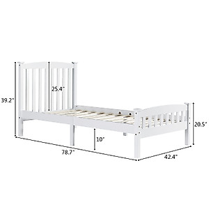 Karl home White Twin Platform Bedframe with Slat Headboard Wooden Bed Frame with Footboard, 12 Wood Slat Support, No Box Spring Needed