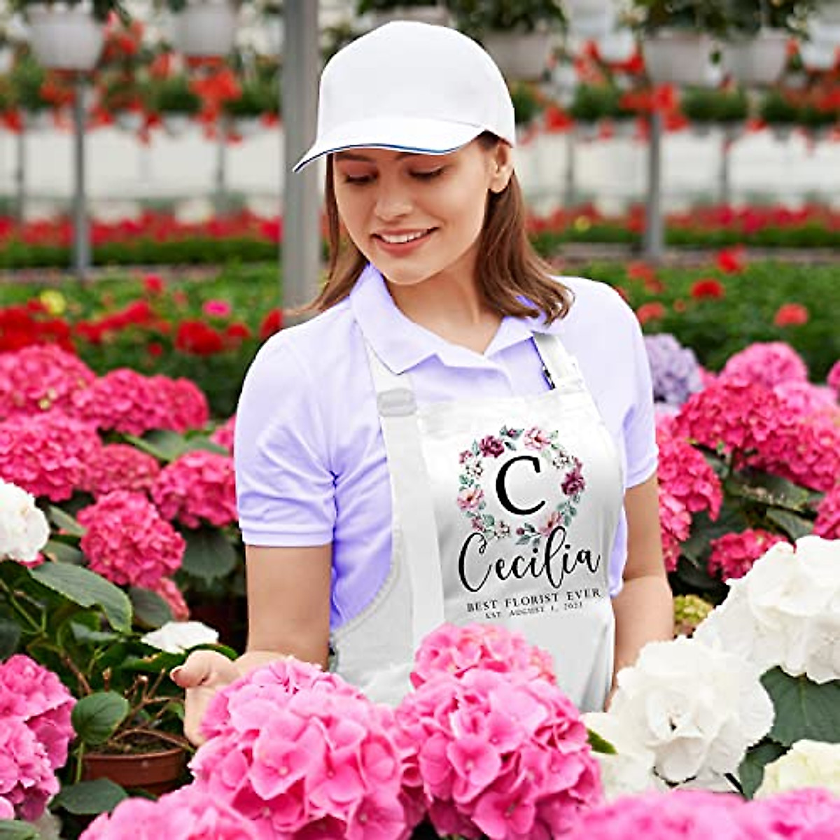 Personalized White Kitchen Apron Gifts for Women - 9 Cute Designs w/Name Text - Custom Bbq Grilling Cooking Aprons for Chef w/Pocket - Customized Floral Kitchen Apron Gift for Girl - Barbecue Apron C1