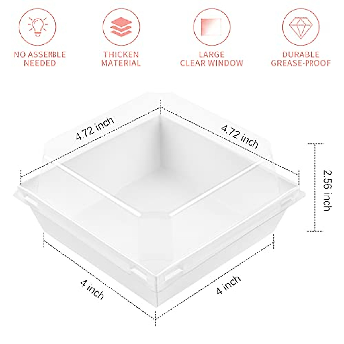 Ocmoiy 50Pk Paper Charcuterie Boxes with Clear Secure Lids, 4" Square Disposable To-Go Dessert Containers White Bakery Boxes for Strawberries, Cookies, Cake Slice, Brownies and Cinnamon Rolls