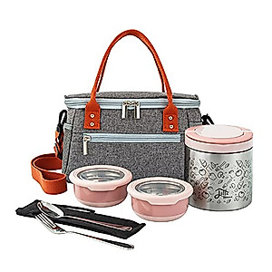 Lille Home Lunch Box Set, A Vacuum Insulated Bento/Snack Box Keeping Food Warm for 4-6 Hours, Two Stainless Steel Food Containers, A Lunch Bag, A Portable Cutlery Set (Pink)