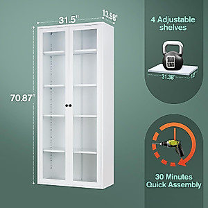 IRONMIX Display Cabinet with Glass Doors, 5-Tier Metal Storage Cabinet, Pantry Cabinet for Kitchen with Adjustable Shelves, Tall Bookshelf with Doors for Home Office (White - Glass Door)