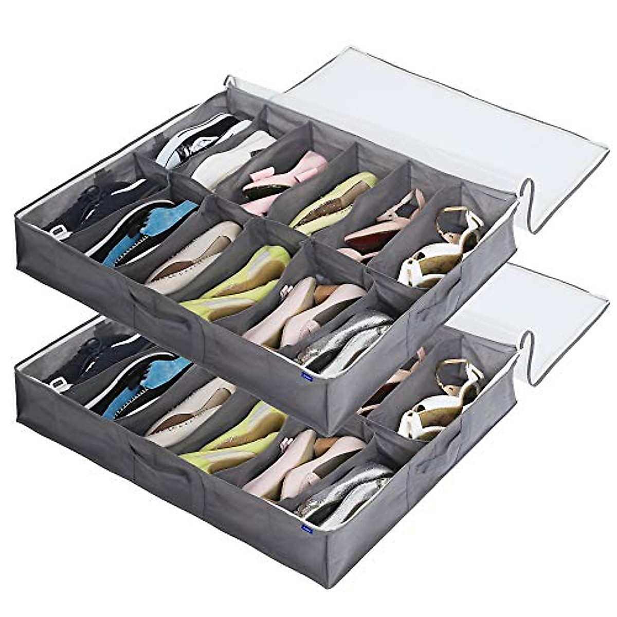 Surblue Under Bed Shoe Storage Organizer Underbed Shoes Closet Storage Solution 2 Metal zippers and 3 Handles with Clear Cover for Men's and Women's Shoes Fits 24 Pairs of Shoes， Set of 2, Grey