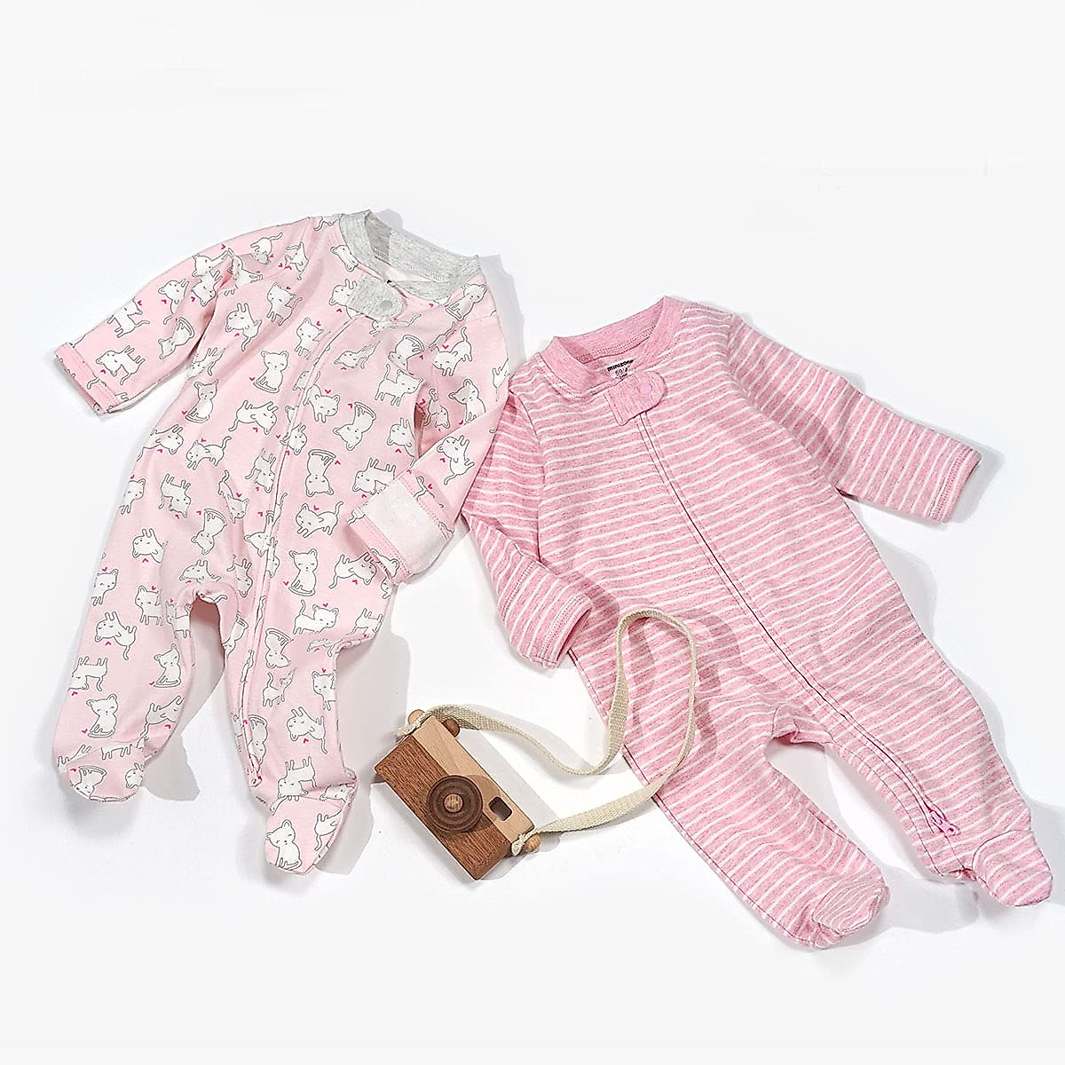 Teach Leanbh Baby Boys Girls Footed Pajamas with Mittens Cotton Long Sleeve 2 Way Zipper Romper Jumpsuit Sleep and Play 0-12 Months (Pink stripes/Cat, 0-3 Months)