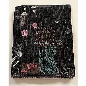 Multicolor Patchwork Quilt Vintage Indian Reversible Quilted Throw Blanket Super Soft and Warm Living Room Decorative for Sofa and Couch 60X67 inches (Black)