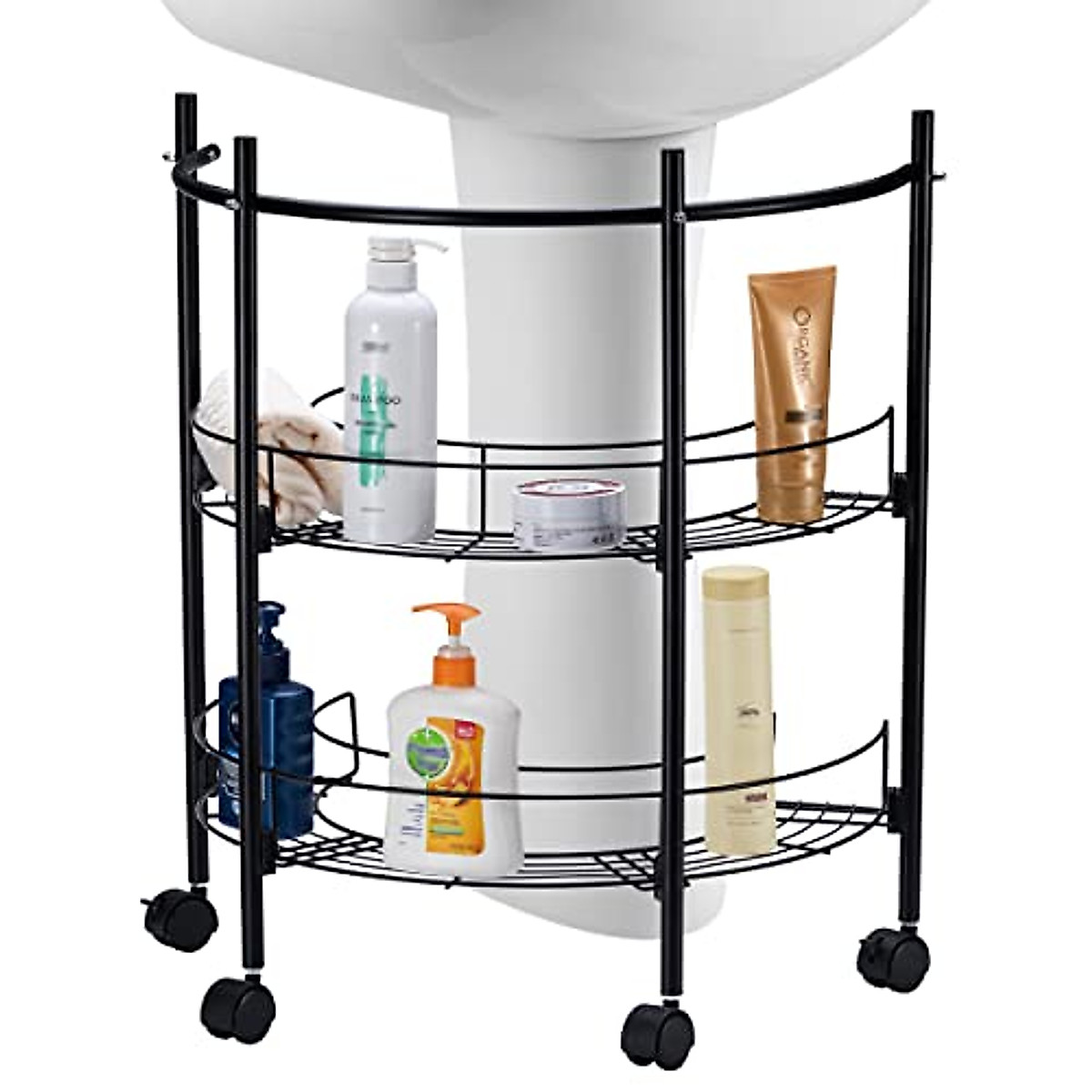 L&H Unico Pedestal Under the Sink Rack with 2 Storage Shelves Metal Bathroom Organizer with Wheels and Towel Holder, Black