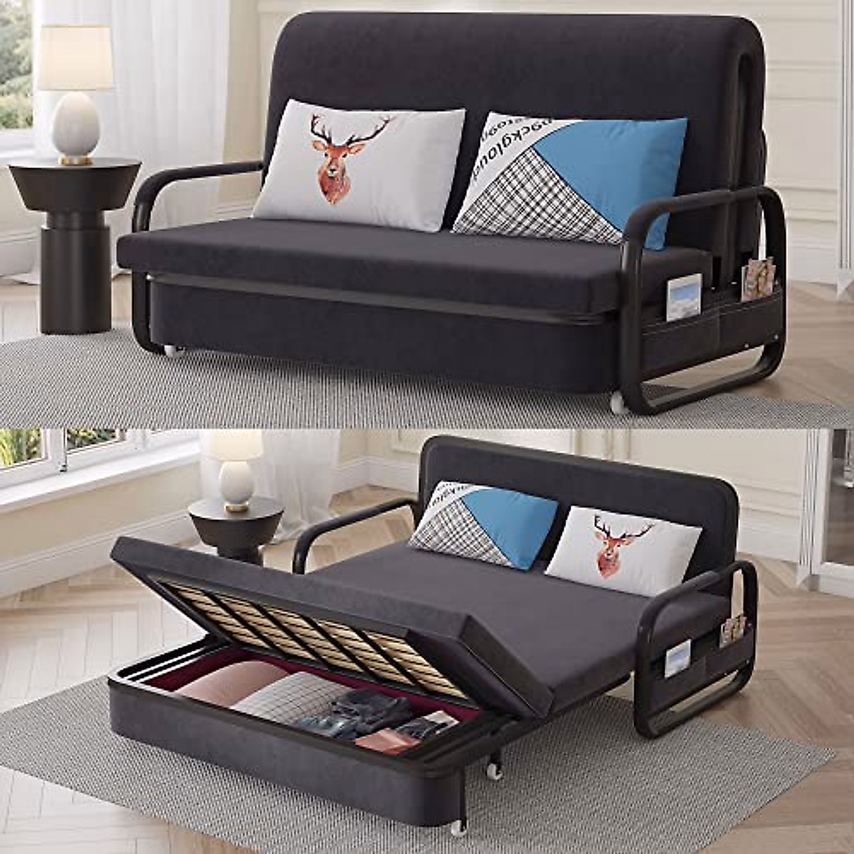 PIAQIA Convertible Pull Out Sofa Bed Sleeper with Storage, Linen Upholstered Folding Futon Couch with 1” Natural Latex Mattress, Suitable for Compact Space, Guest Room, Workshop, Dark Gray, 59" Width