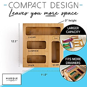 HUDDLE Food Storage Bag Organizer - Slide-Lid Easy-Load Ziplock Bag Organizer 4 Section Bamboo Ziplock Bag Organizer for Drawer, Counter, Wall Baggie Organizer