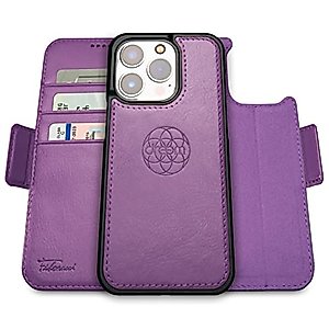 Dreem Fibonacci 2-in-1 Wallet Case for Apple iPhone 14 Pro - Luxury Vegan Leather, Magnetic Detachable Shockproof Phone Case, RFID Card Protection, Magsafe Compatible - Purple