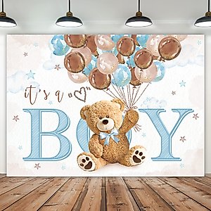 Imirell Boys Bear Baby Shower Backdrop 7Wx5H Feet It's a Boy Lovely Cute Brown Blue Balloons Cartoon Polyester Fabric Kids Newborn Photography Backgrounds Photo Shoot Decor Props Decoration