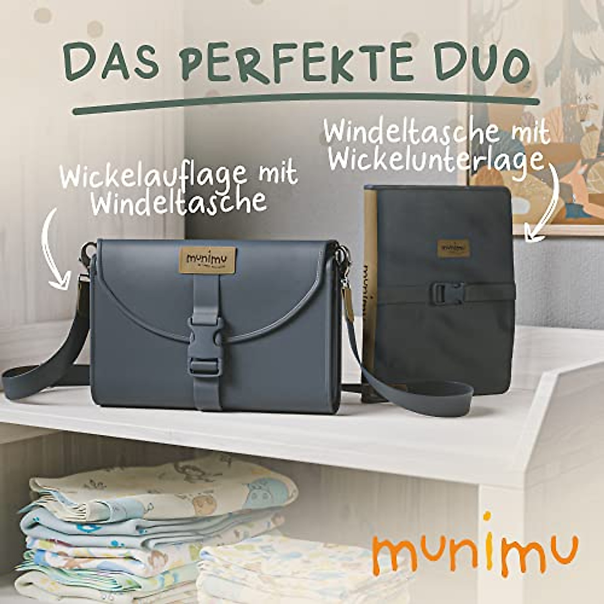munimu® Portable Baby Diaper Changing Pad – Stylish Travel Changing Mat Bag with 5 Pockets & Adjustable Strap Converts into an XXL Waterproof Changing Pad – Portable Changing Pads, Anthracite