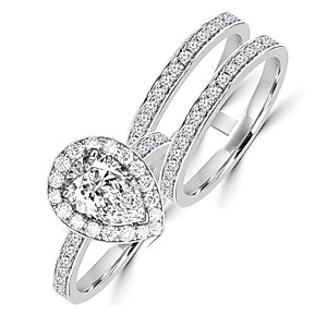 Diamonbella Realistic Simulated Diamond Pear Shaped Halo Ring Double Band Set 2 Carat Solid 925 Silver Platinum Plated DBP65