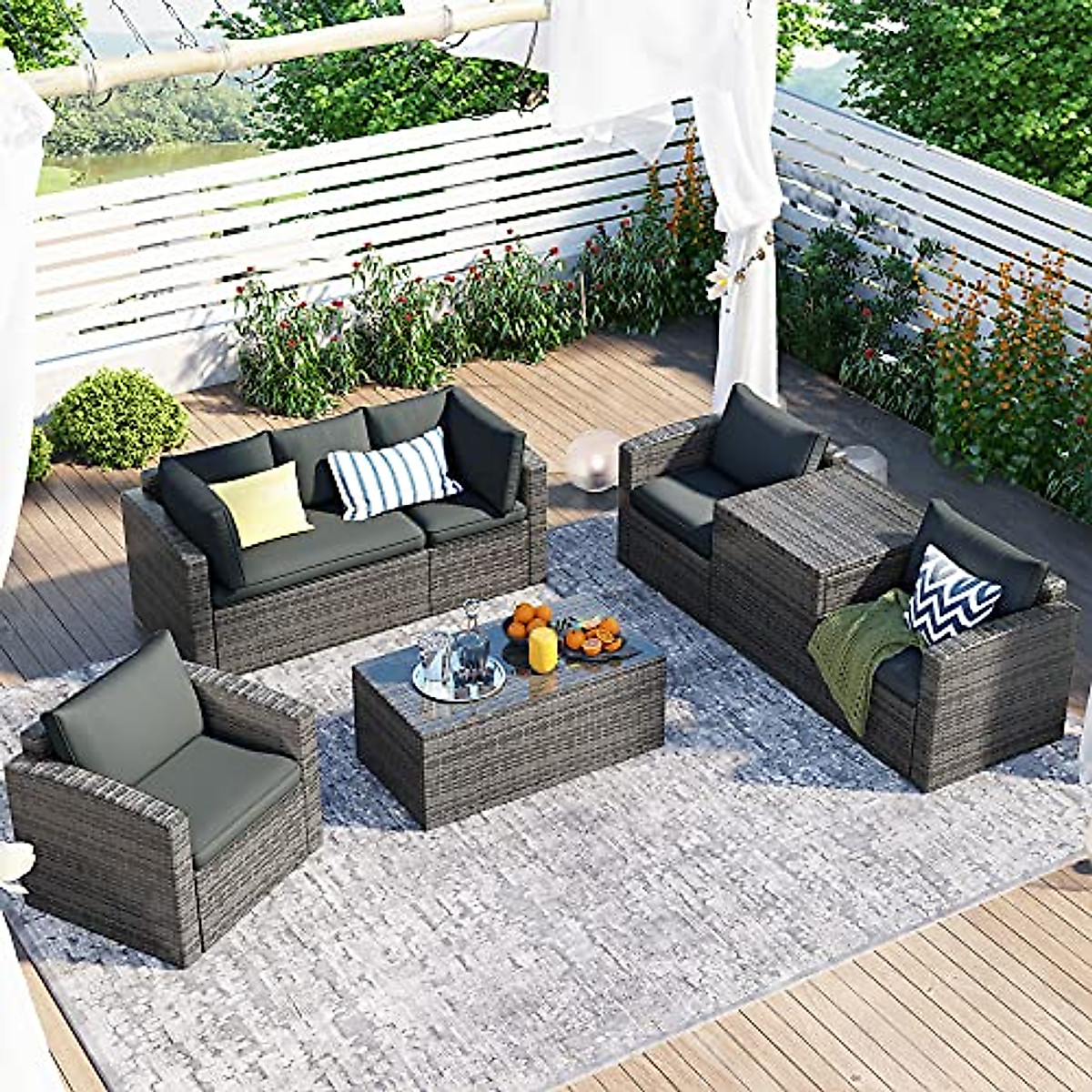 BIADNBZ 7 Piece Outdoor Patio Furniture Set for 6,All-Weather Wicker Sectional Sofa with a Loveseat and Storage Box, Rattan Conversation Couch with Glass Table for Garden Backyard, Grey