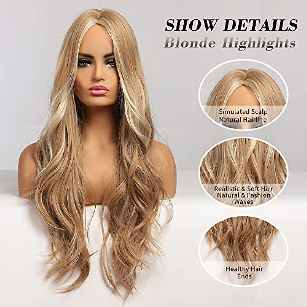 OMELPIS Stylish Long Blonde with Highlights Wavy Wig Middle Part Curly Natural Heat Resistant Fiber Synthetic Wig for Women Girls Daily Party Holiday Festival Chrismas Travel Use (26 Inches/66cm)