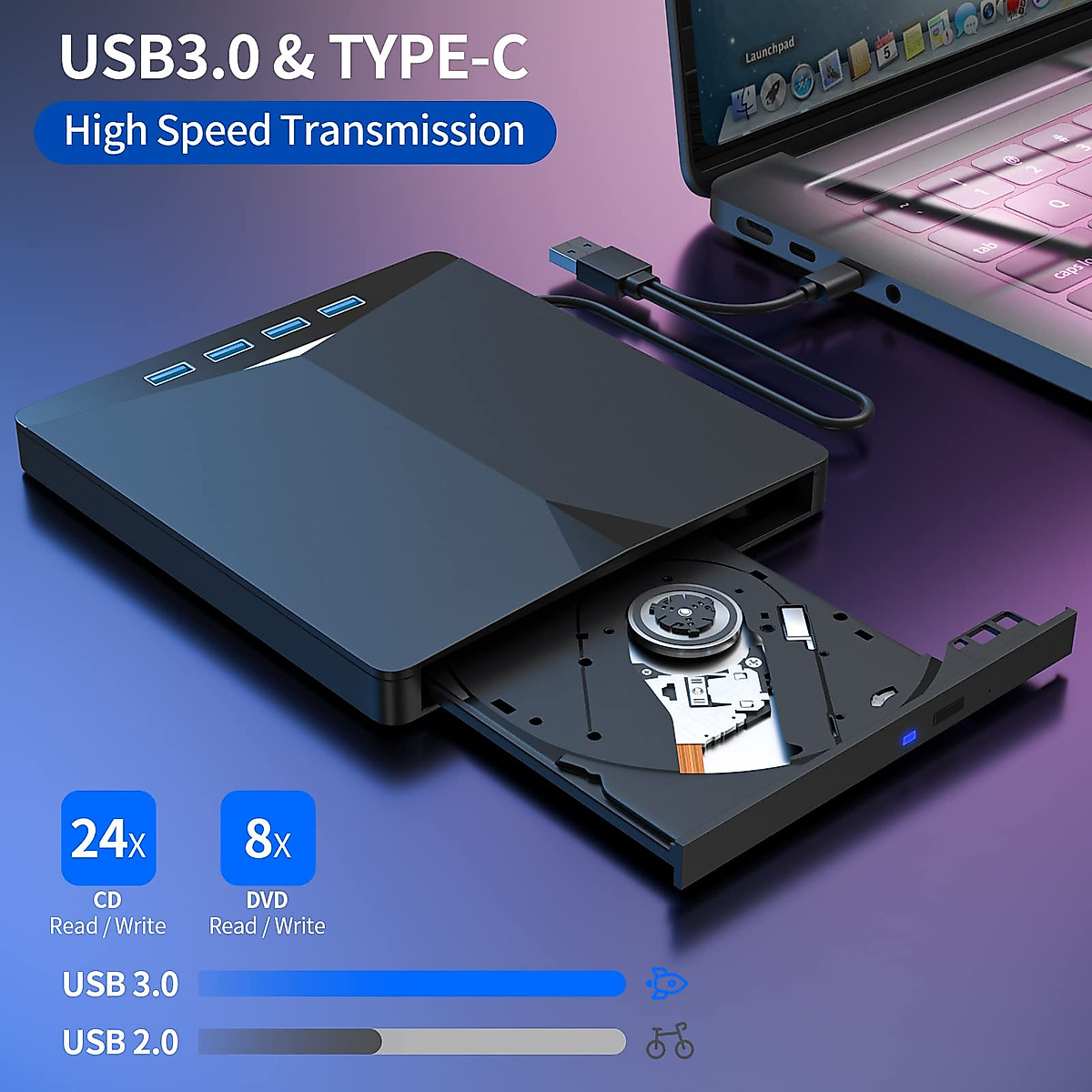 External CD/DVD Drive for Laptop, 7 in 1 USB 3.0 DVD Player Portable CD/DVD Burner, CD ROM External DVD Drive for Laptop Compatible with Laptop Desktop PC Windows 11/10/8/7 Linux Mac OS (Jet Black)