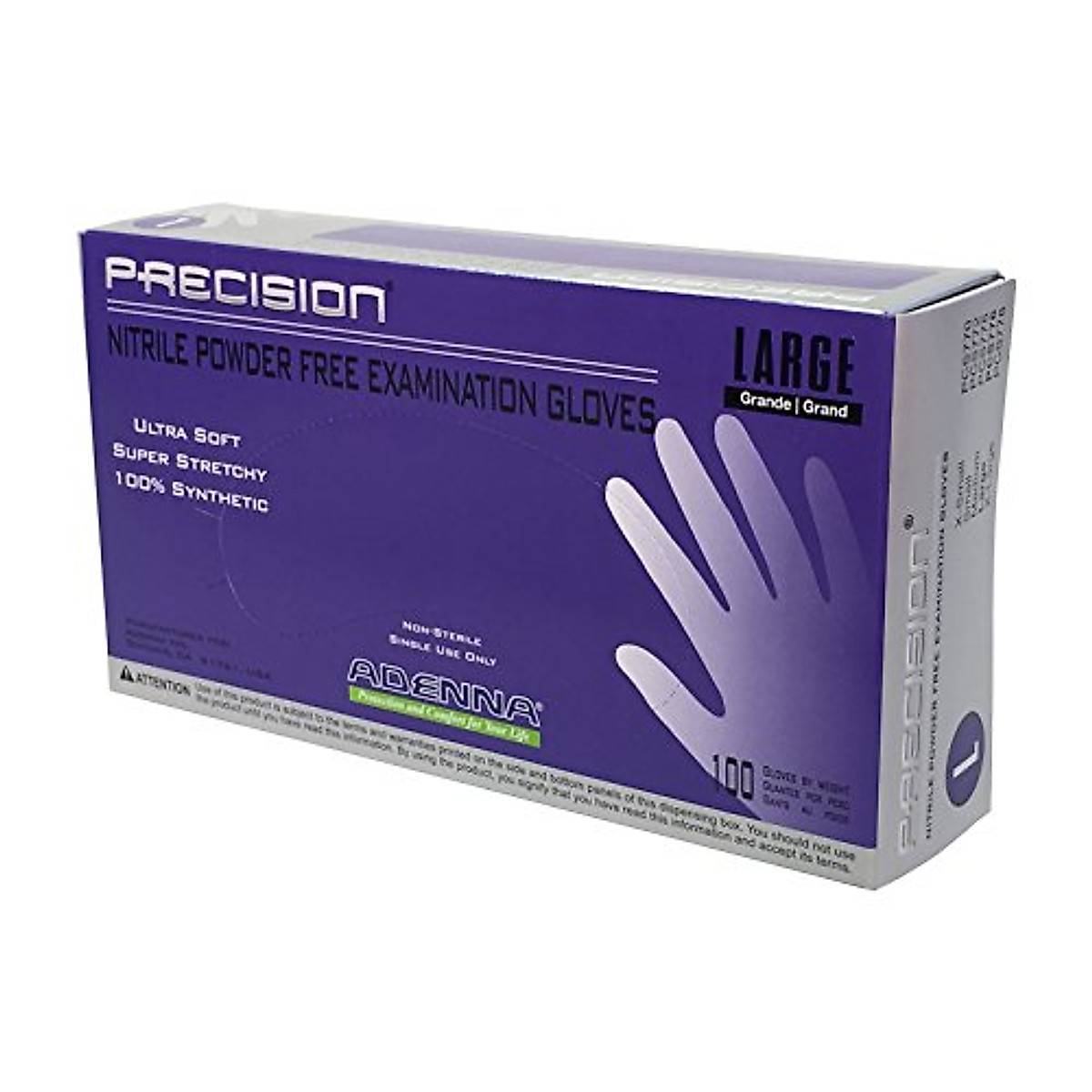 Adenna PCS776 Precision 4 mil Powder-Free Nitrile Exam Gloves, Medical Grade, Blue-Violet, Large, Box of 100