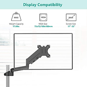 WALI Premium Single Fully Adjustable Gas Spring Arm for WALI Monitor Mounting System (GSAM001), Black