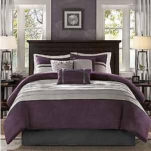 Madison Park Palmer Comforter Set - Faux Suede Design, Striped Accent, All Season Down Alternative Bedding, Matching Shams, Decorative Pillow, Bed Skirt, King (104 in x 92 in), Purple 7 Piece
