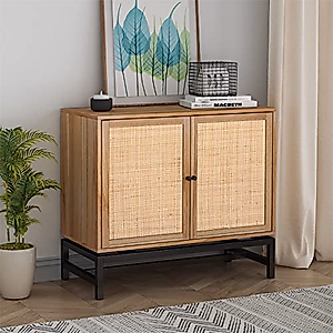 LKTART Mid-Century Natural Rattan Buffet Sideboard Storage Cabinet with 2 Doors 1 Adjustable Inner Shelf Storage Cabinet Console Table for Dining Room Bedroom Kitchen Hallway