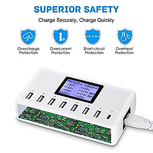 USB Charger, slitinto 60W 12A 8-Port USB Charging Station Multi Port USB Hub Charger Compact Size LCD Display Compatible with iPhone iPad Samsung Kindle Tablet Bluetooth Earbuds and More