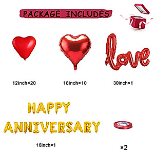 Anniversary Decorations, Happy Anniversary Banner, Red Felt Garland Hanging String Hearts, Heart Balloons, Love Balloon, Red Silk Rose Petals for Wedding Bridal Shower Bachelorette Party Decorations
