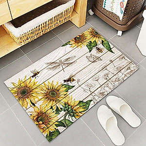 Queener Home Farm Sunflower Dragonfly Butterfly Kitchen Rugs Set of 2, Washable Floor Door Mats Comfort Area Runner Rug Non-Slip Rubber Backing for Indoor Retro Wood Grain