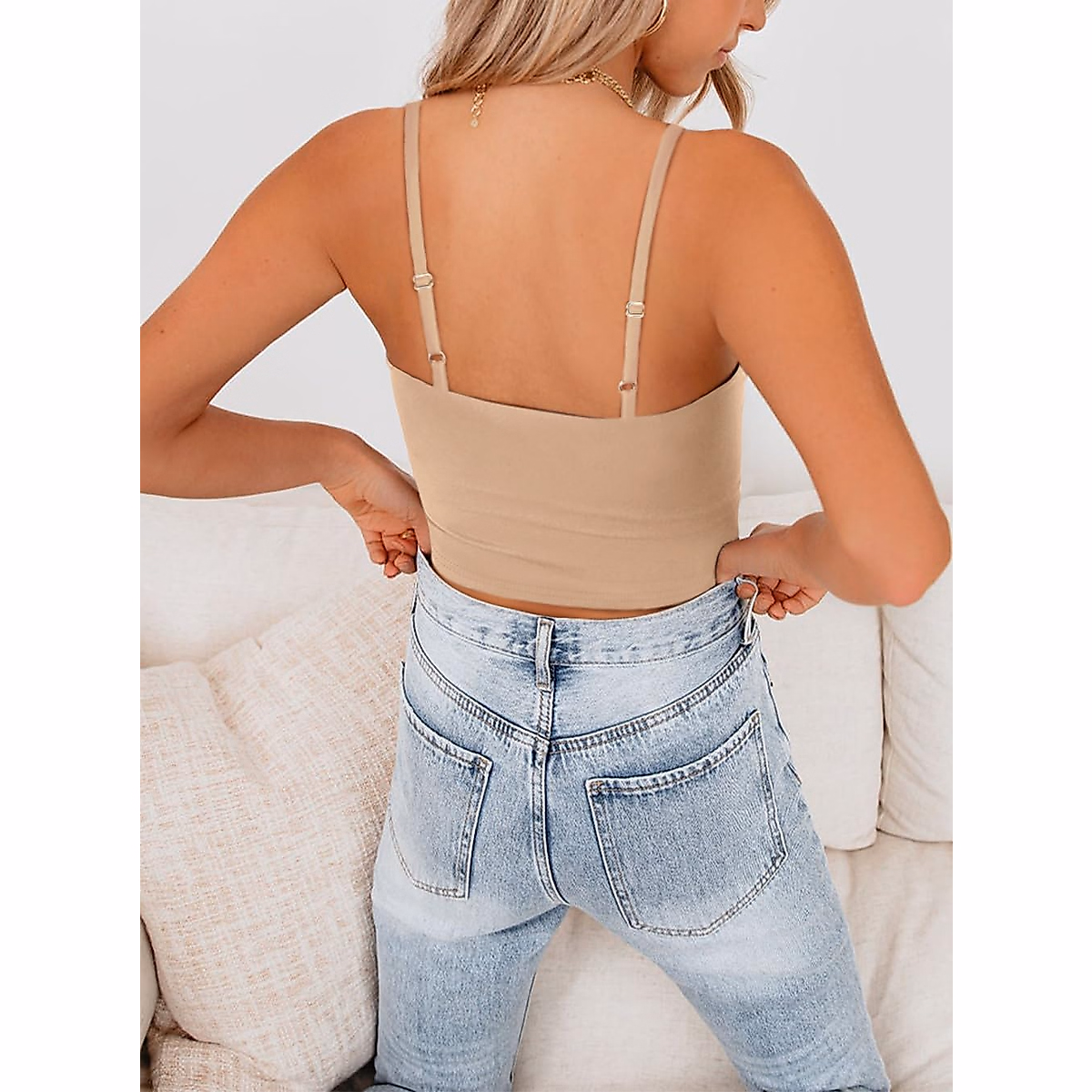 REORIA Women's Summer Sexy Casual Deep Scoop Neck Double Lined Adjustable Spaghetti Strap Cami Camisole Seamless Sleeveless Cropped Tank Top Cute Yoga Crop Tops Nude Small