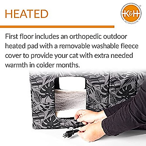 K&H PET PRODUCTS Two-Story Outdoor Kitty House with Dining Room Heated Gray Leaf 22 X 27 X 27 Inches