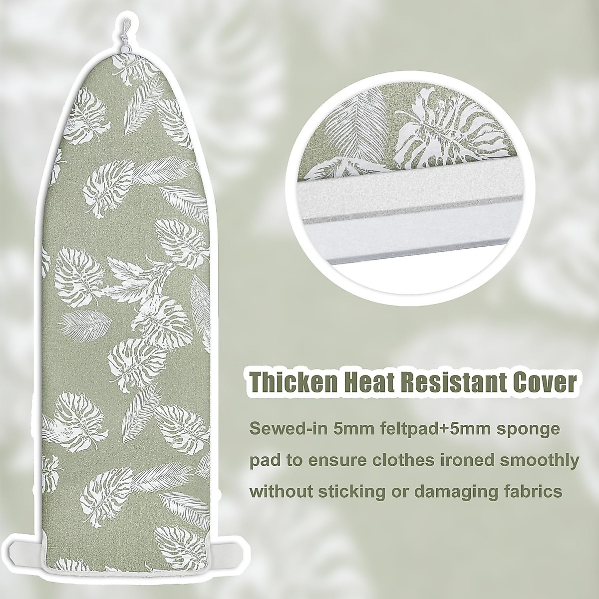 Duwee 14"x40" Heat Resistance Metallic Over The Door Ironing Board Cover Durable Thicken Felt Material Padding Elastic Cord (White Leaves)