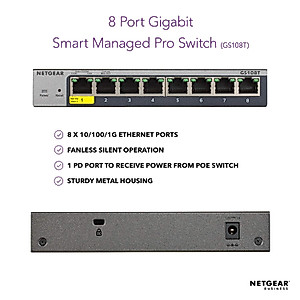 NETGEAR 8-Port Gigabit Ethernet Smart Switch (GS108T) - Managed, with 1 x PD Port, Optional Insight Cloud Management, Desktop or Wall Mount, Silent Operation, and Limited Lifetime Protection