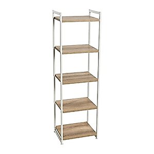 Household Essentials Jamestown Narrow 5 Shelf Open Storage Bookshelf Coastal Oak Rustic Wood Grain and White Metal