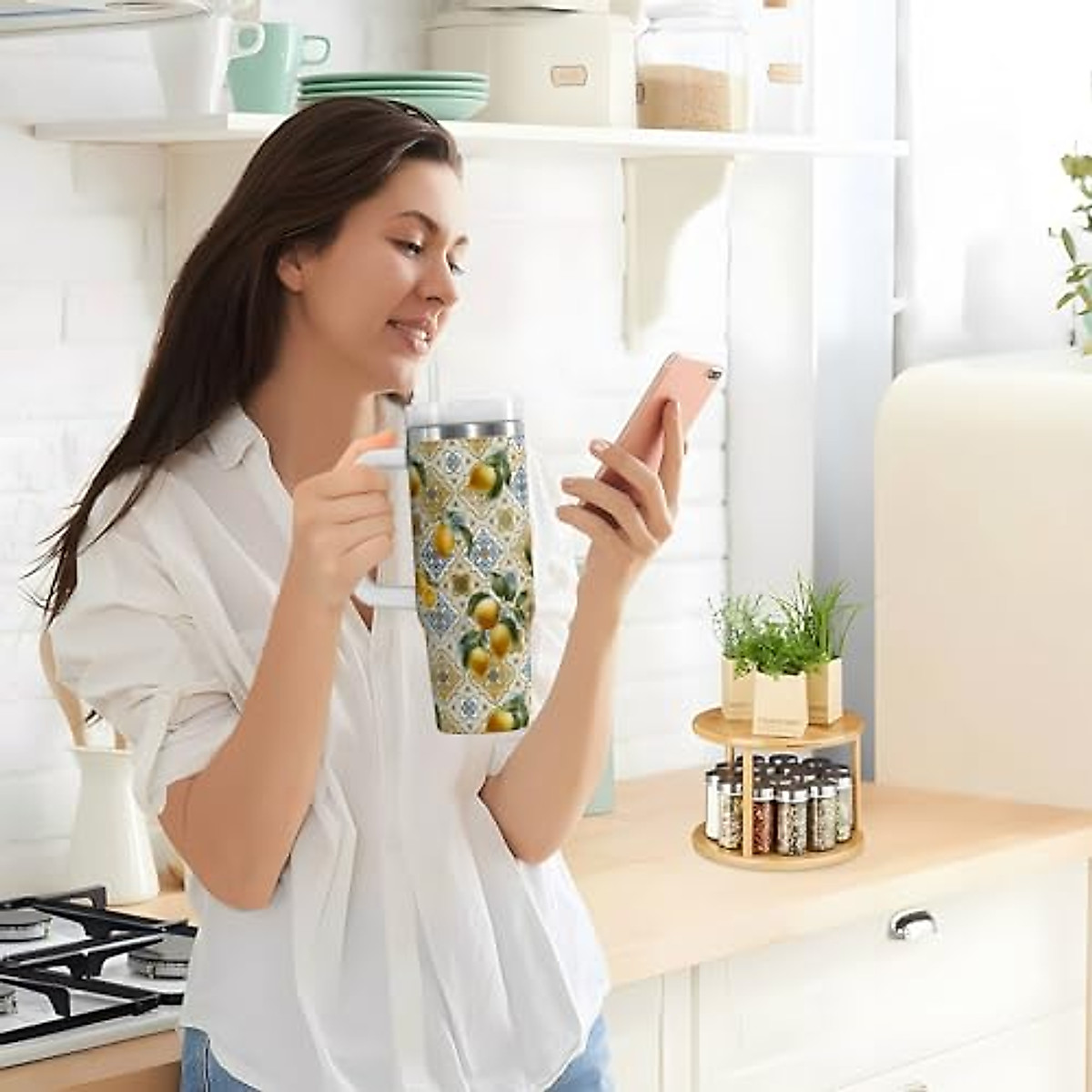 Wfrish Tumbler with Handle and Straw Lid,Vintage Lemons Leaves Patchwork 40 oz Insulated Coffee Cup Stainless Steel Fruit Water Bottle Travel Mug Cupholder Friendly,Gifts for Women Men