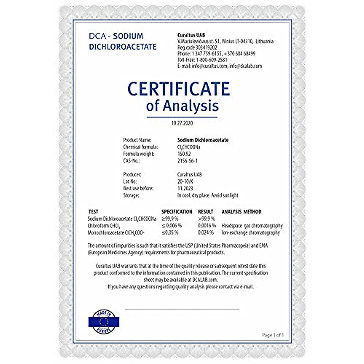 DCA - Sodium Dichloroacetate 333mg - Purity >99.9%, Made in Europe, by DCA-LAB, Certificate of Analysis Included, Tested in a Certified Laboratory, 180 Capsules
